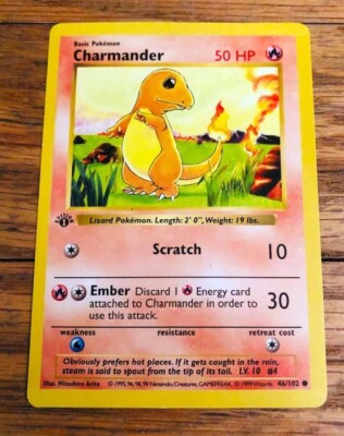 Pokemon Charmander 46/102 1st Edition Shadowless Base Set Vintage TCG ...