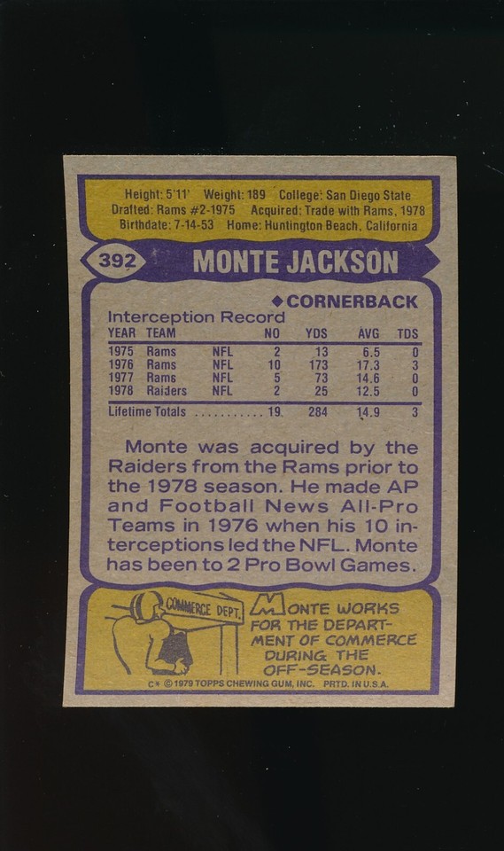 1979 Topps #392 Monte Jackson * Cornerback * Oakland Raiders * EX-MT/NM ...