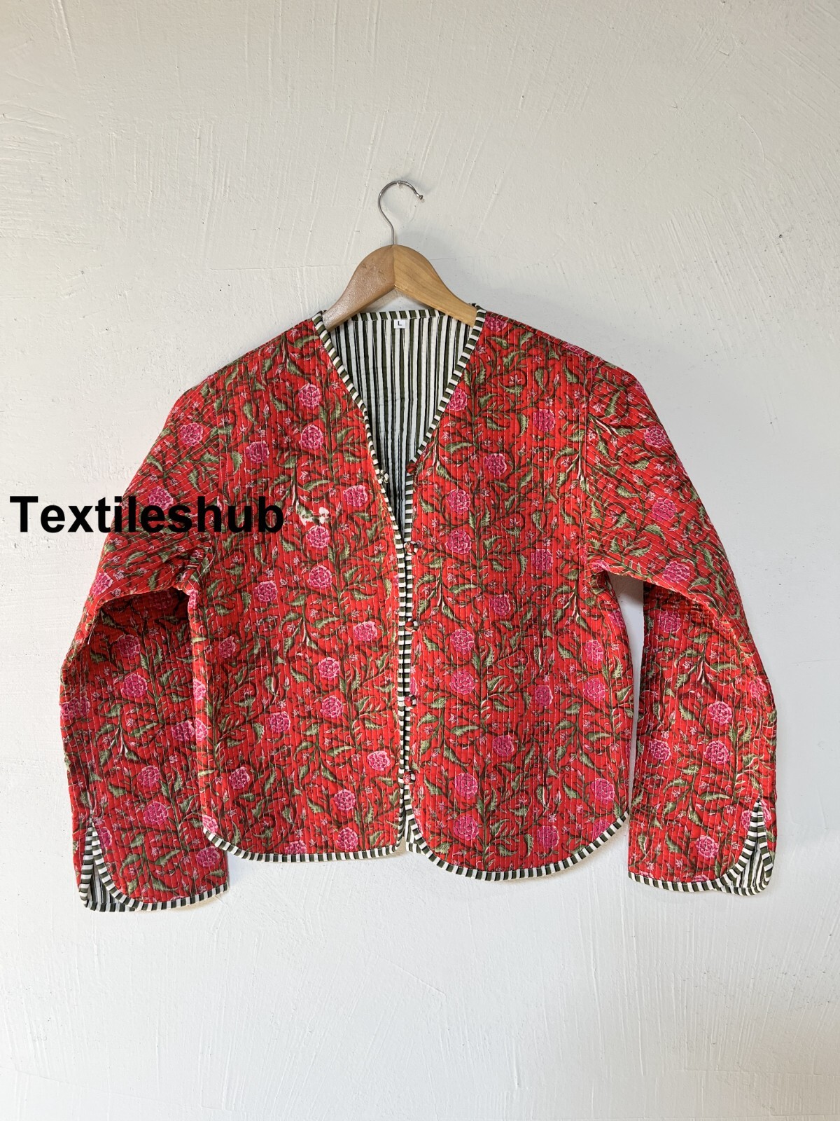 Indian Red Quilted 100%Cotton Floral Jacket Handmade Jacket Women's ...