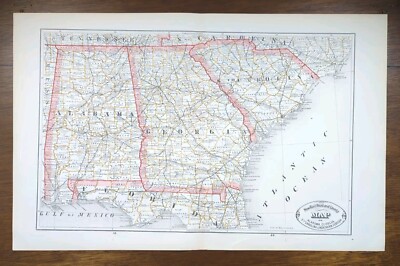 Vintage 1884 ALABAMA GEORGIA SOUTH CAROLINA Map 21"x13" Old Antique ...