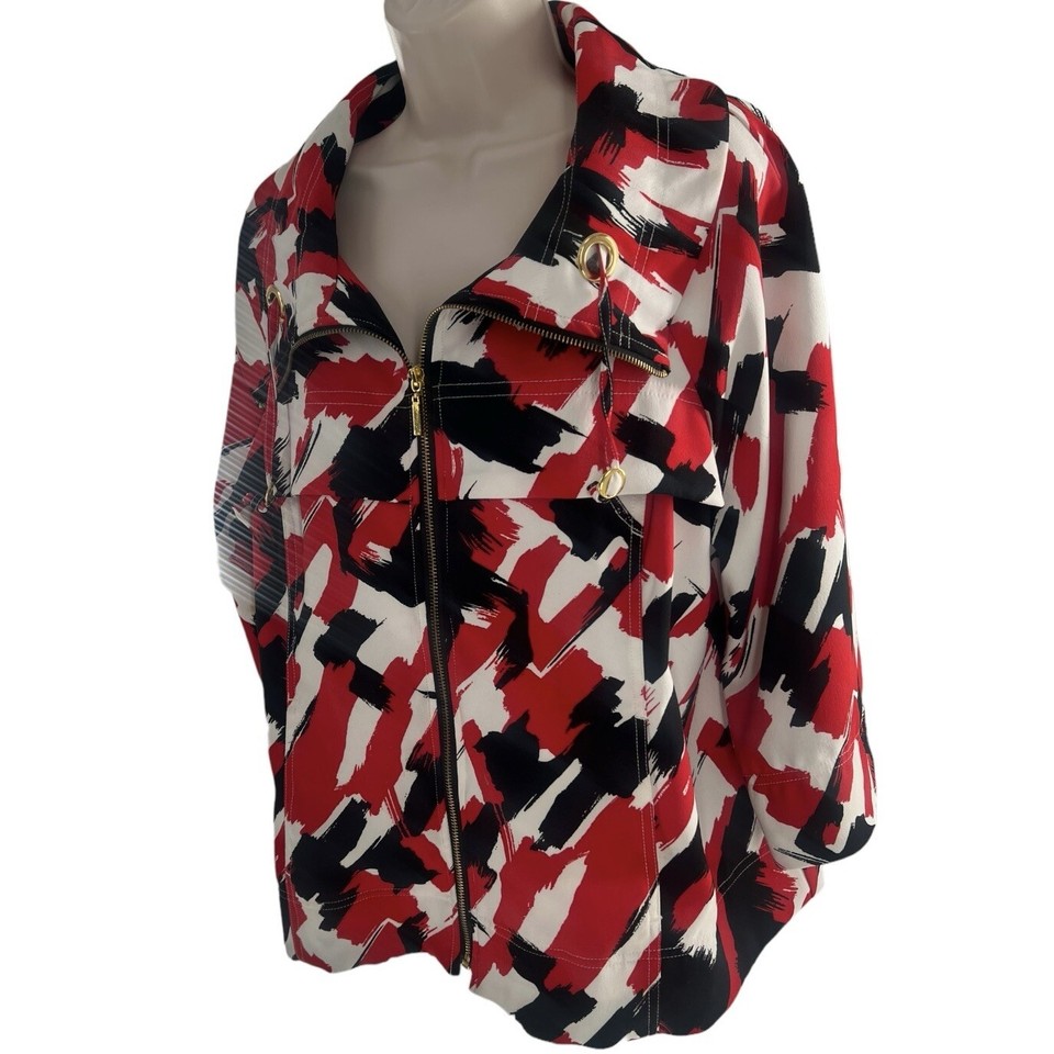 Erin London Womens Jacket Red Black White Wide Collar Zippered Full ...