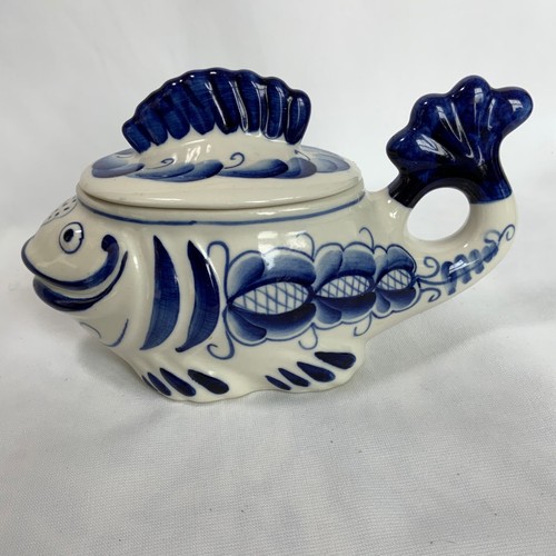 Vintage Russian Gzhel Porcelain Fish Shape Lidded Bowl Blue & White ...