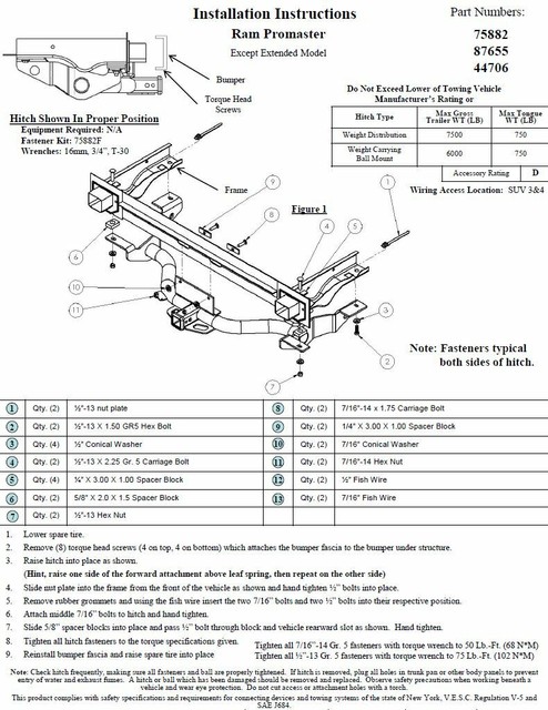 Draw-Tite Trailer Hitch Wire 75882 14-16 RAM Promaster 1500 2500 3500 ...