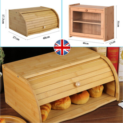 Wooden Bread Bin Roll Top Bamboo Counter Rack Food Storage Box Loaf ...