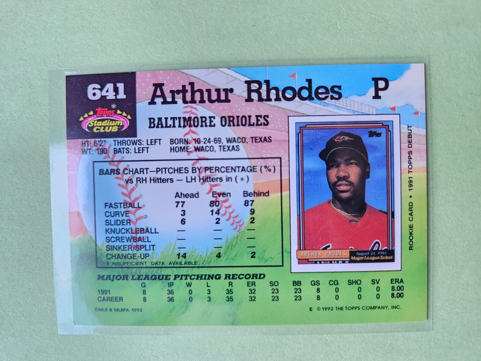 Arthur Rhodes #641 Baseball card Baltimore Orioles 1992 Topps Stadium ...