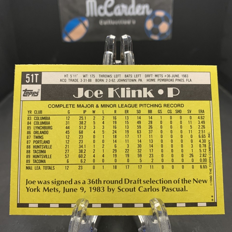 1990 Topps Traded Factory Set White Back Joe Klink #51T Rookie RC ...