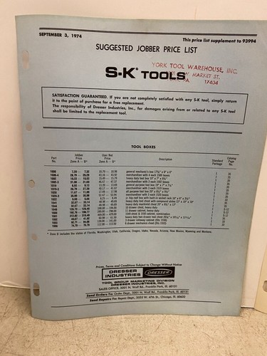 1974 S-K Tools Suggested User Price List & Jobber Price List Sales ...