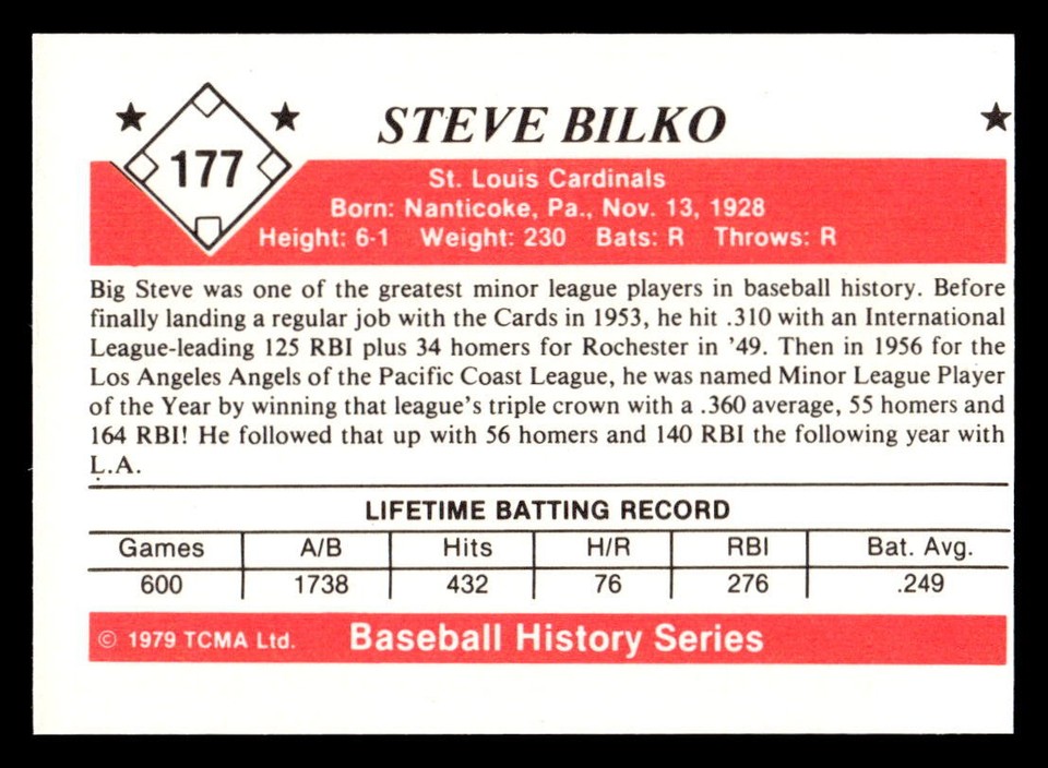 Steve Bilko St. Louis Cardinals 1979 TCMA The 1950's #177 | eBay