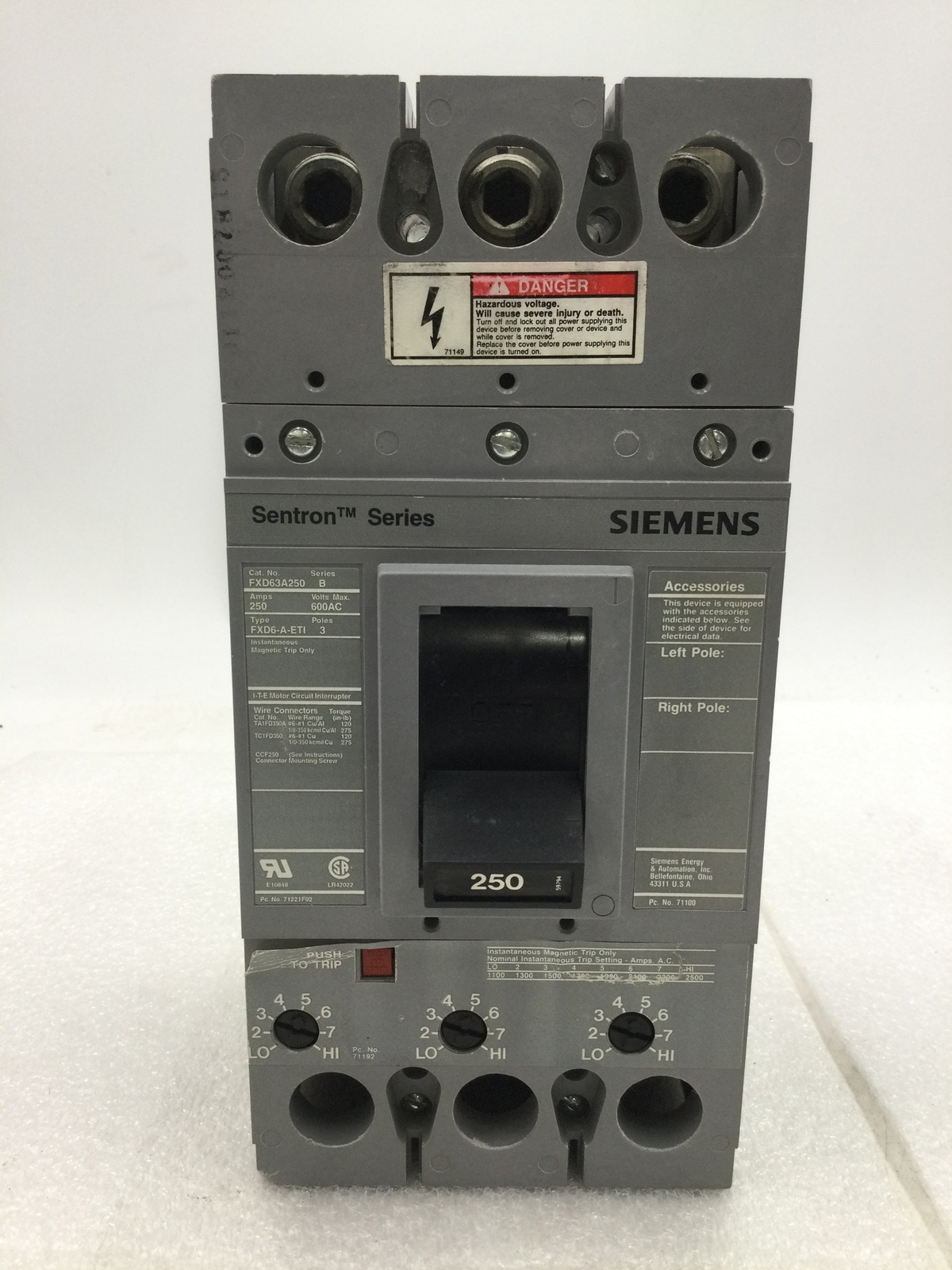 Siemens Sentron Series FXD63A250 Series B 250 Amp 3 Pole 600Vac Circuit ...