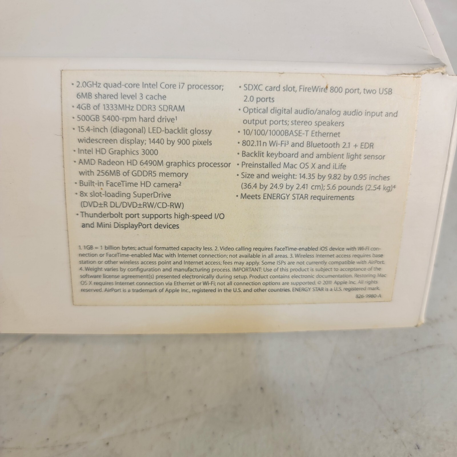 Apple MacBook Pro BOX ONLY A1286 MC721LL/A 15.4 Inch 2.0 GHz i7 Early ...