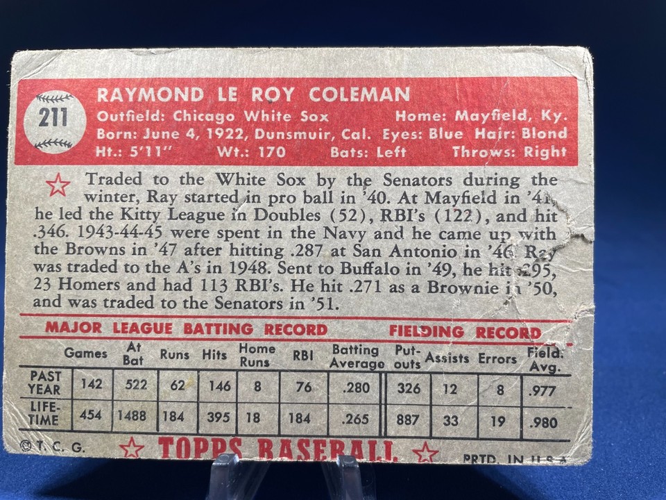1952 Topps Baseball Low Grade Card Ray Coleman #211 Chicago White Sox ...