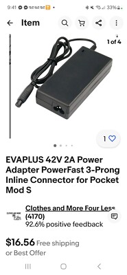 EVAPLUS 42V 2A Power Adapter PowerFast 3-Prong Inline Connector for ...