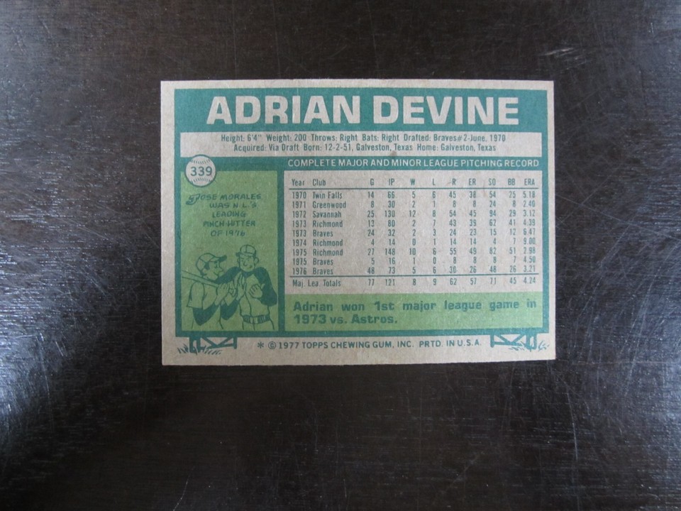 1977 Topps # 339 Adrian Devine Card Atlanta Braves | eBay