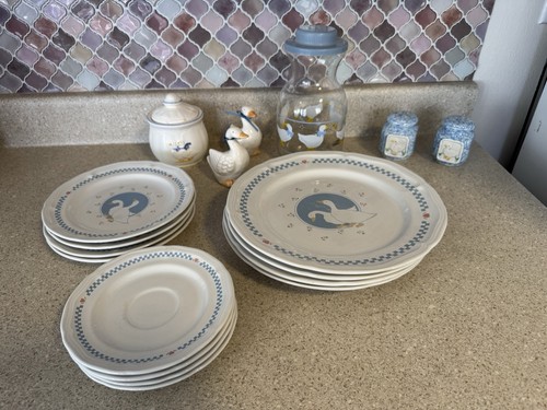 Vintage Stoneware Moonlight Goose Dish Set Thailand Plates + Canister ...
