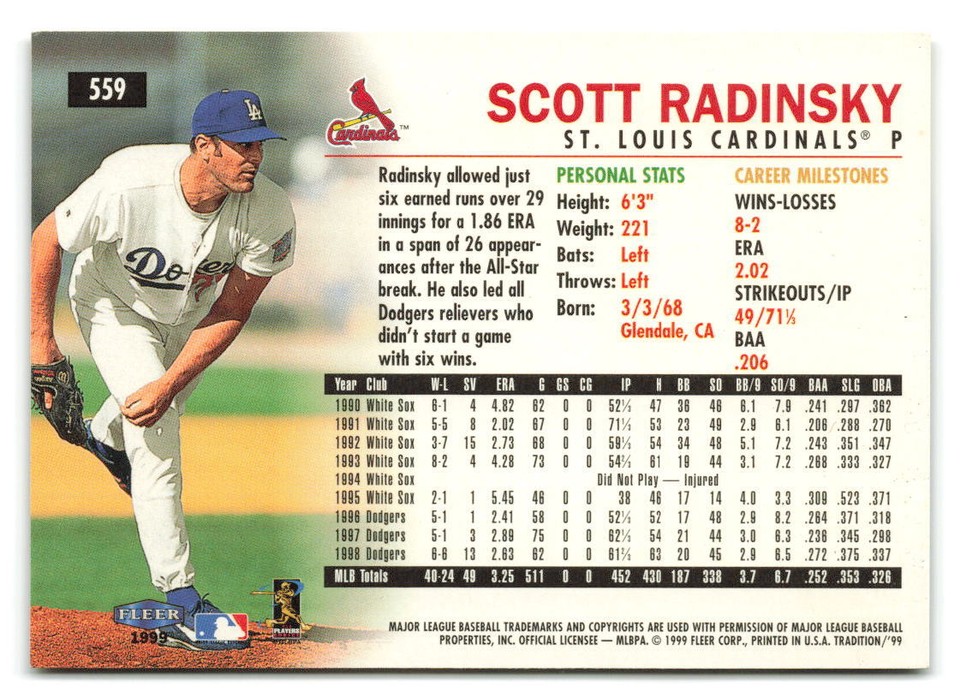 1999 Fleer Tradition Scott Radinsky #559 St. Louis Cardinals BASEBALL ...