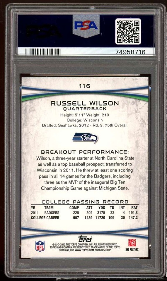 Russell Wilson Rookie Card 2012 Bowman Purple #116 PSA 8 | eBay