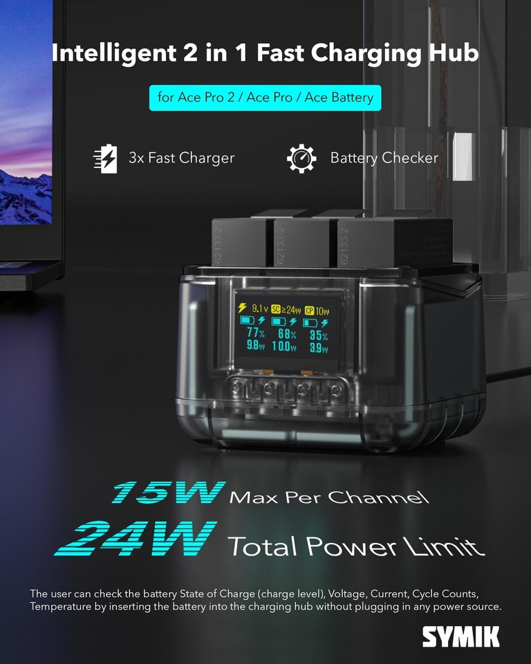 Insta 360 Ace Pro 2 Battery Charger, 24W OLED Screen Intelligent Triple ...