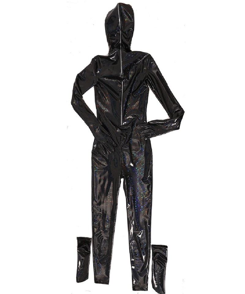 Men's 3D Crystal PVC Bodysuit Full Body Catsuit Attached Hood Gloves ...