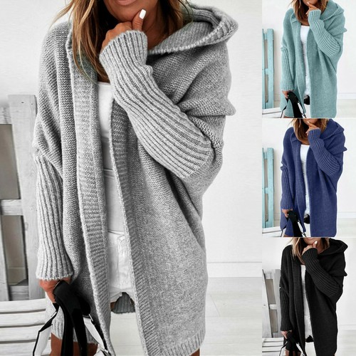 Women's Fashion Solid Hooded Open Long Batwing Sleeve Sweater Cardigan ...