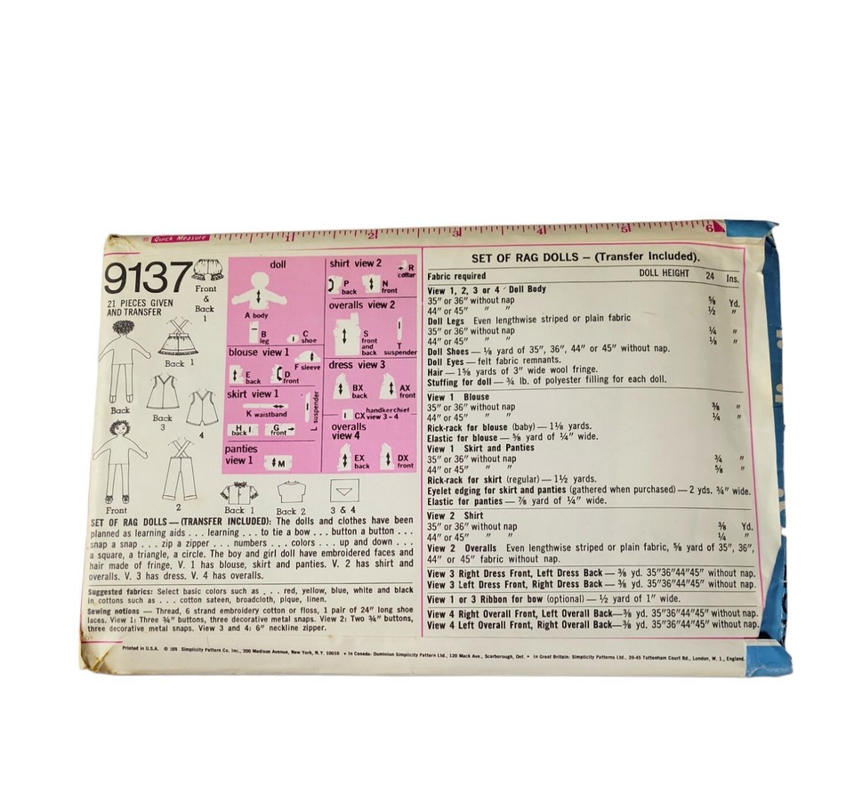 Vtg Simplicity Sewing Pattern 9137 Rag Doll Set with Transfers | eBay