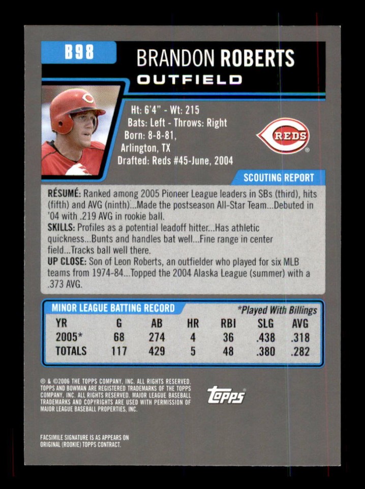 2006 Baseball Bowman Brandon Roberts Cincinnati Reds #B98 Gold 1 | eBay