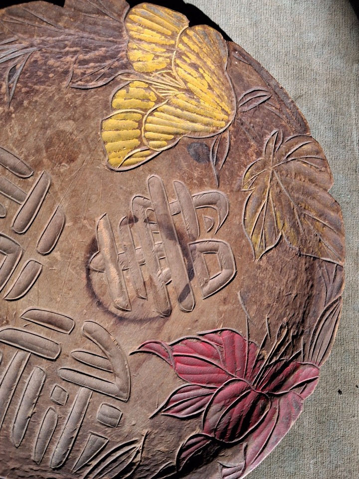 Antique Hand Carved And Etched Chinese Wooden Bowl/Plate Floral Design ...