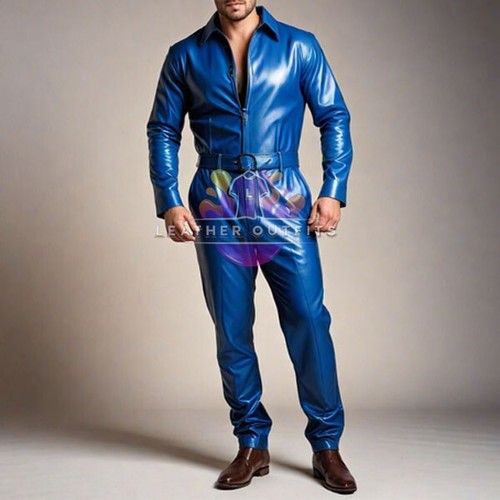 MEN'S GENUINE SOFT LEATHER BLUE JUMPSUIT CATSUIT FRONT ZIPPER OVERALL ...
