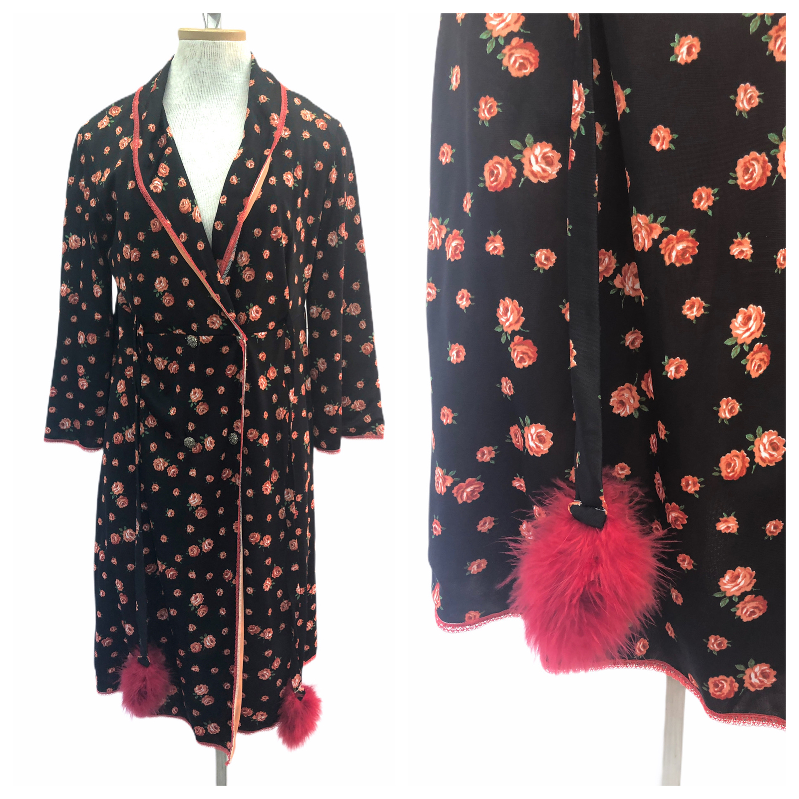 Vintage VTG 1970s 70s Black Floral Robe Dress with Marabou Feather Ties ...