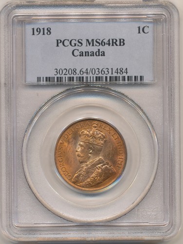 1918 Canada 1 cent - George V - PCGS - MS 64 RB, Cert : 30208.64 ...