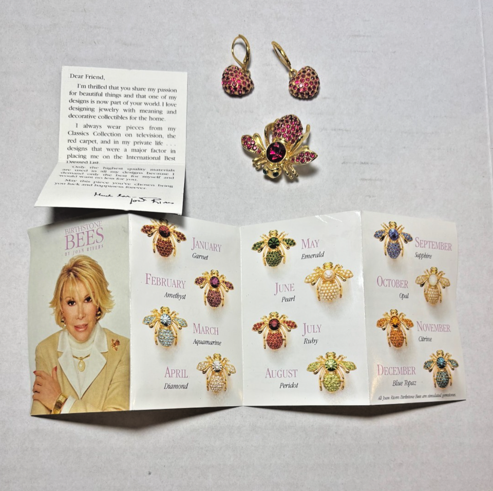 JOAN RIVERS collection BIRTHSTONE BEE July RUBY brooch with earrings ...