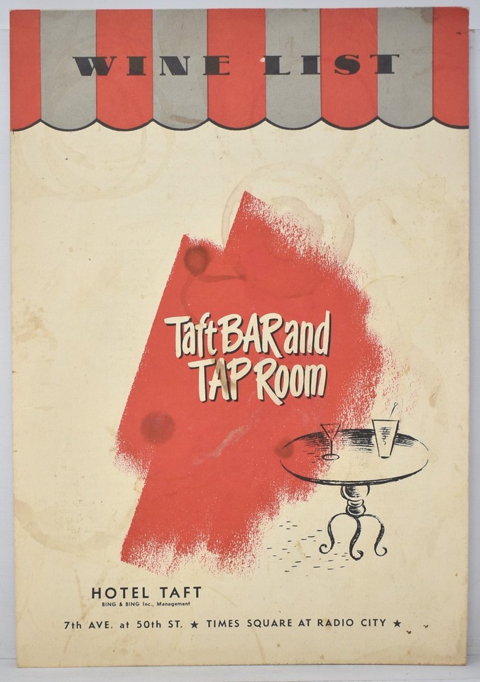 1950s Taft Hotel Bar Tap Room Restaurant Menu 7th Ave 50th St Manhattan ...