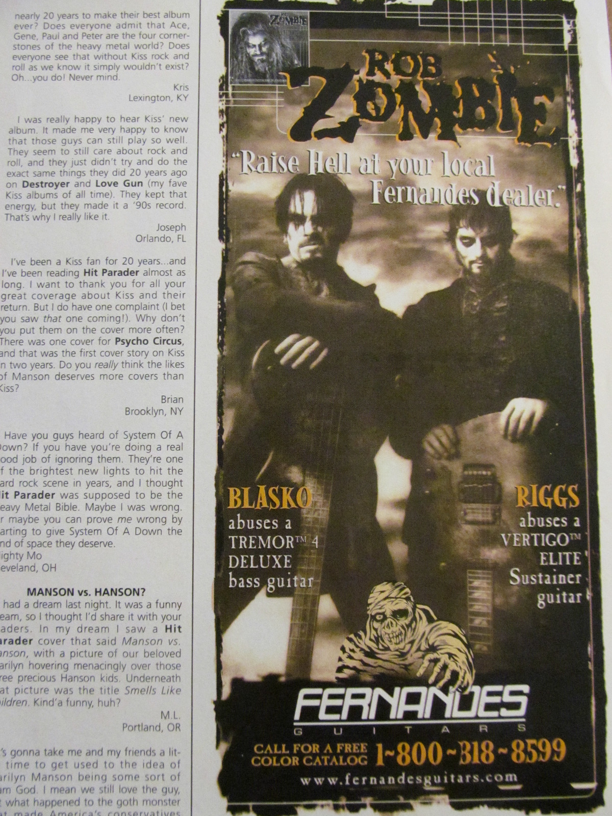 Rob Zombie, Blasko and Riggs, Fernandes Guitars, Full Page Promotional ...