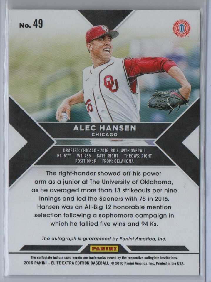 2016 Panini Elite Extra Edition Aspirations Blue #49 Alec Hansen Auto Card /50 | eBay