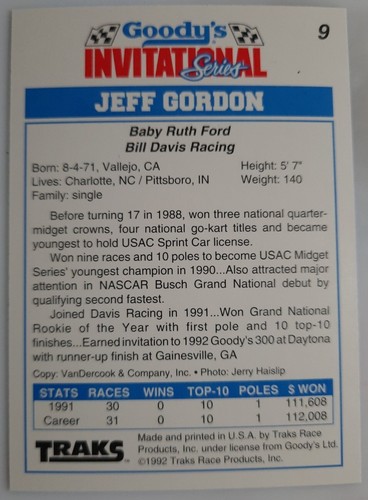 Jeff Gordon 1992 Traks Goody's #9 Rookie RC Grand National Rookie of ...