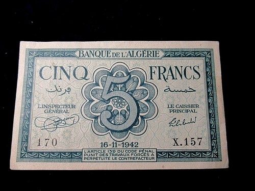 1942 Algérie UNC 5 Francs Billet De Banque WWII / 11-16-42 | eBay