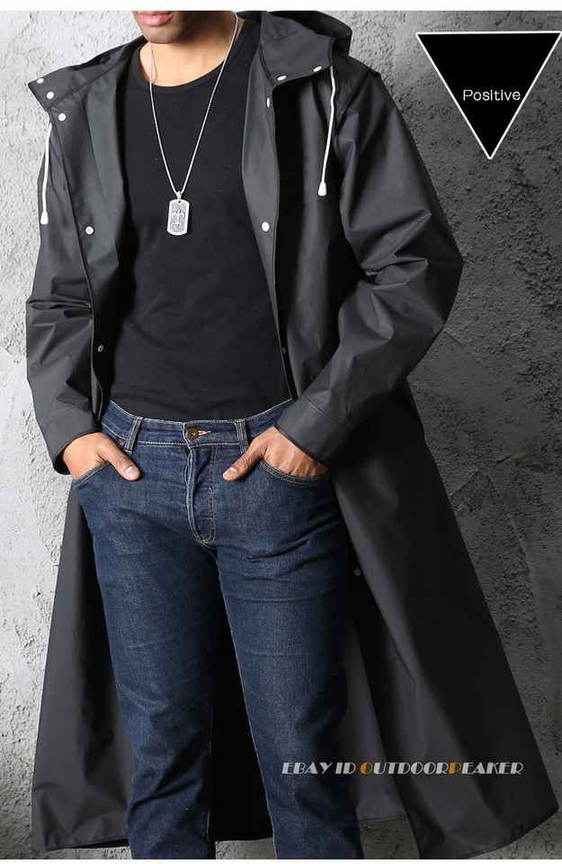 Black Waterproof Long Raincoat Rain Coat Hooded Men Trench Jacket ...