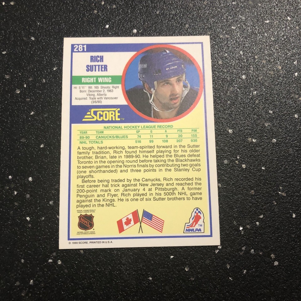 Rich Sutter 1990 Score Hockey #281 NHL St. Louis Blues Right Wing | eBay