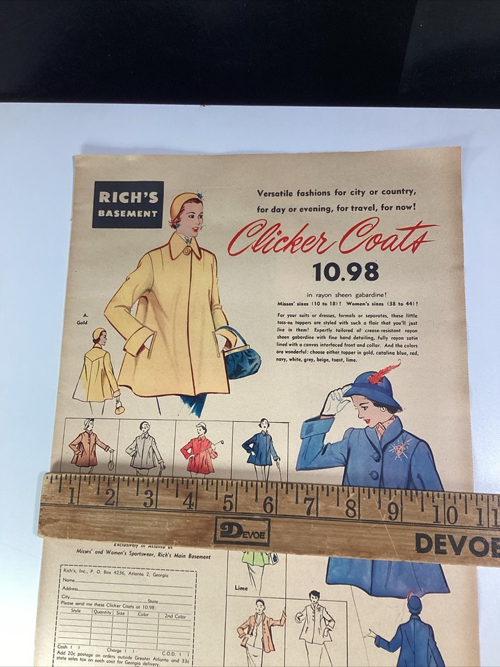Atlanta GA Print Ad 1952 AJC Rich’s Women Fashion Clicker Coats Rayon ...