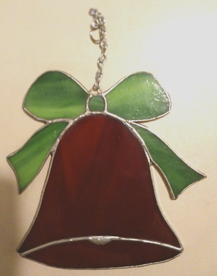 5" RED HANGING CHRISTMAS STAINED GLASS BELL W/GREEN RIBBON SUNCATCHER ...