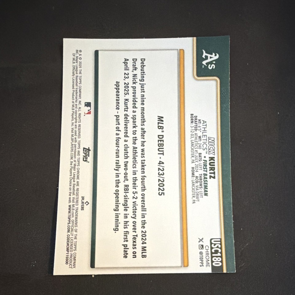 Topps 2025 Chrome Update Rookie Debut Nick Kurtz RC #USC180 Oakland ...