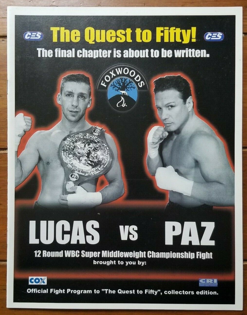 Vinny Pazienza vs Eric Lucas official fight program Quest to Fifty | eBay