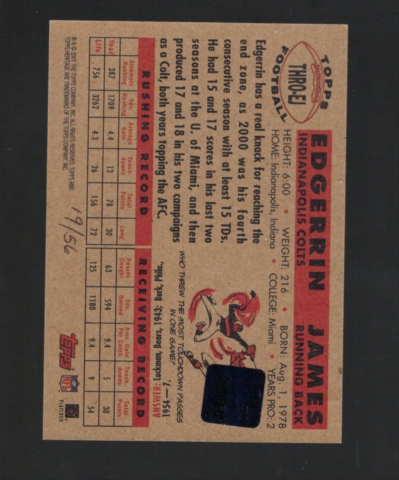 2001 Topps Heritage Edgerrin James Red Certified Autograph Insert #19/ ...