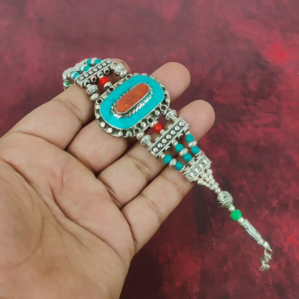 Turquoise, Red Coral Tibetan Nepali Ethnic Bracelet 925 Sterling Silver ...
