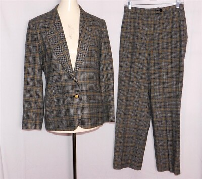 Vtg 2 Pcs PENDLETON Women's Brown White Plaid Wool Blazer Pants Suit ...