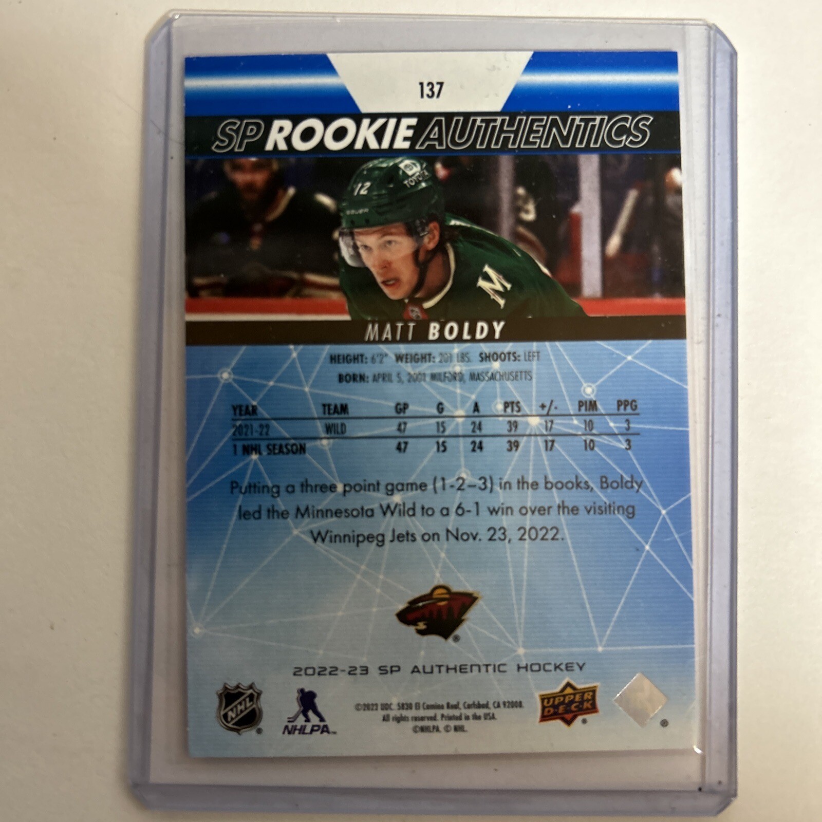 2022-23 SP - Rookie Authentics Blue #137 Matt Boldy (RC) for sale ...
