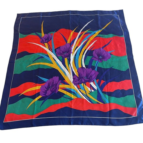 Silky Scarf Shawl Bright Multicolor Floral 34" Square Purple Poppies | eBay