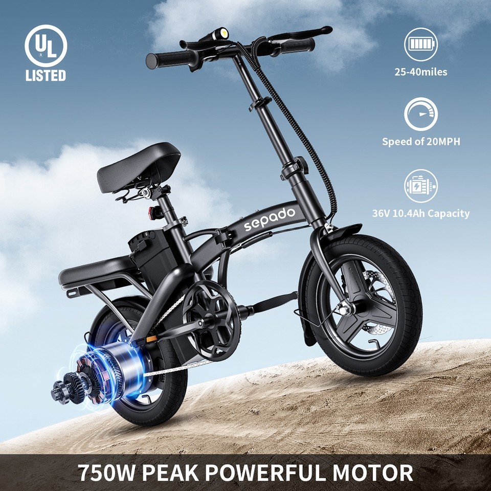 Folding Electric Bike 750W Peak 14" 2 Seater Mini Commuter Ebike Long ...