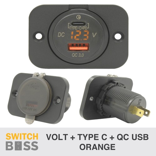 TYPE C + VOLT + USB - Orange LED Flush Mount Panel - 12v QC Outlet ...