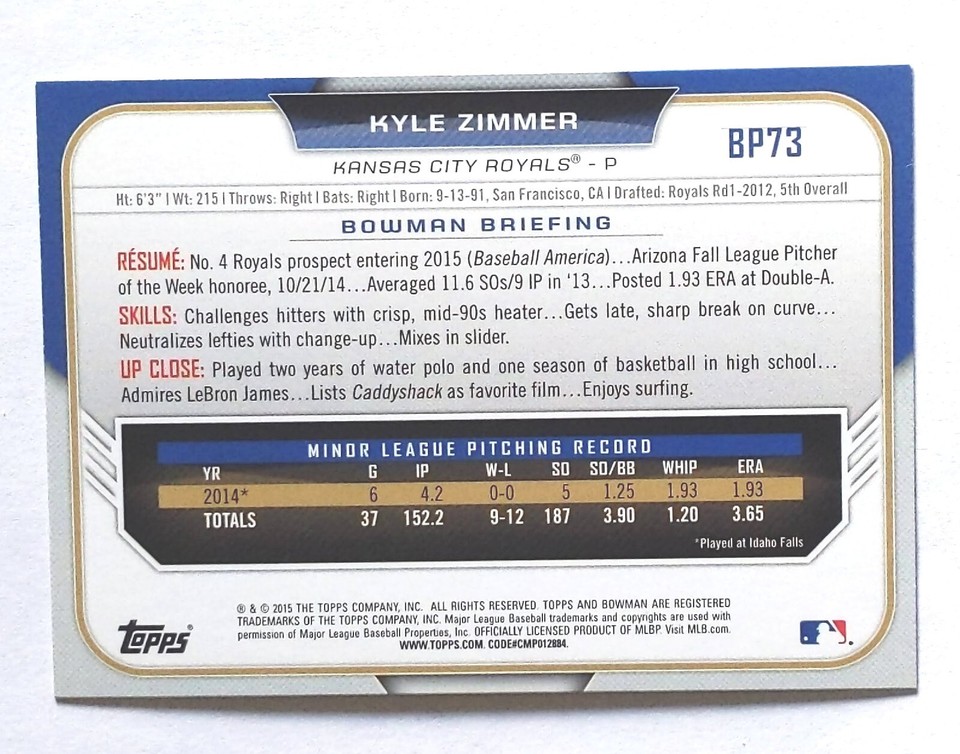 2015 Bowman Kyle Zimmer Ice Parallel #bp73 Royals Rookie | eBay