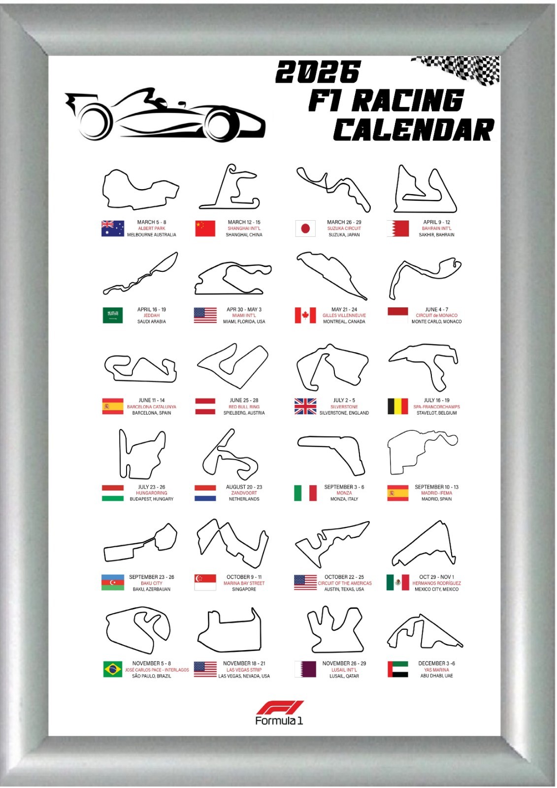 F1 2026 F1 Print Formula 1 One Racing Schedule Calendar Circuits Dates ...